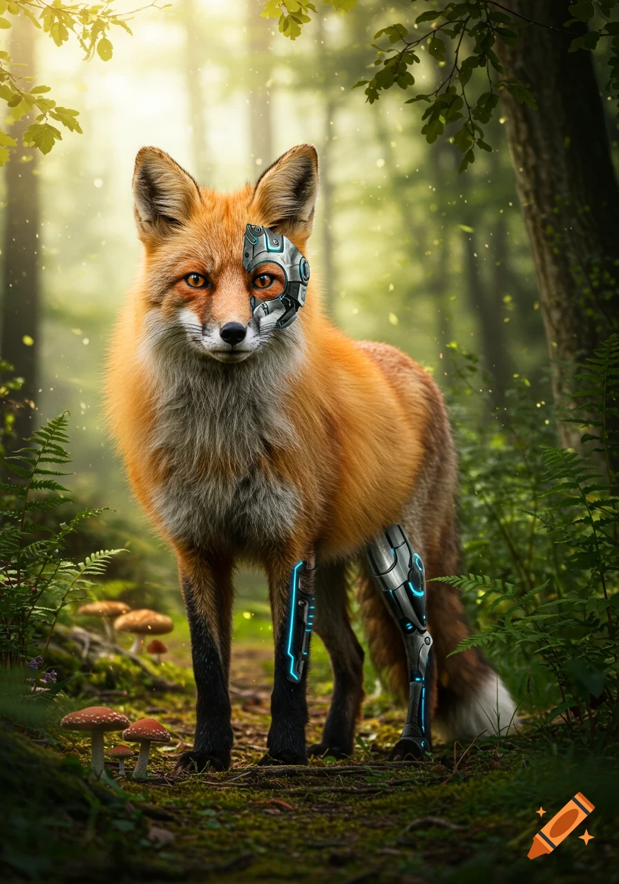 A photorealistic red fox with a robotic eye and leg stands in a sun ...