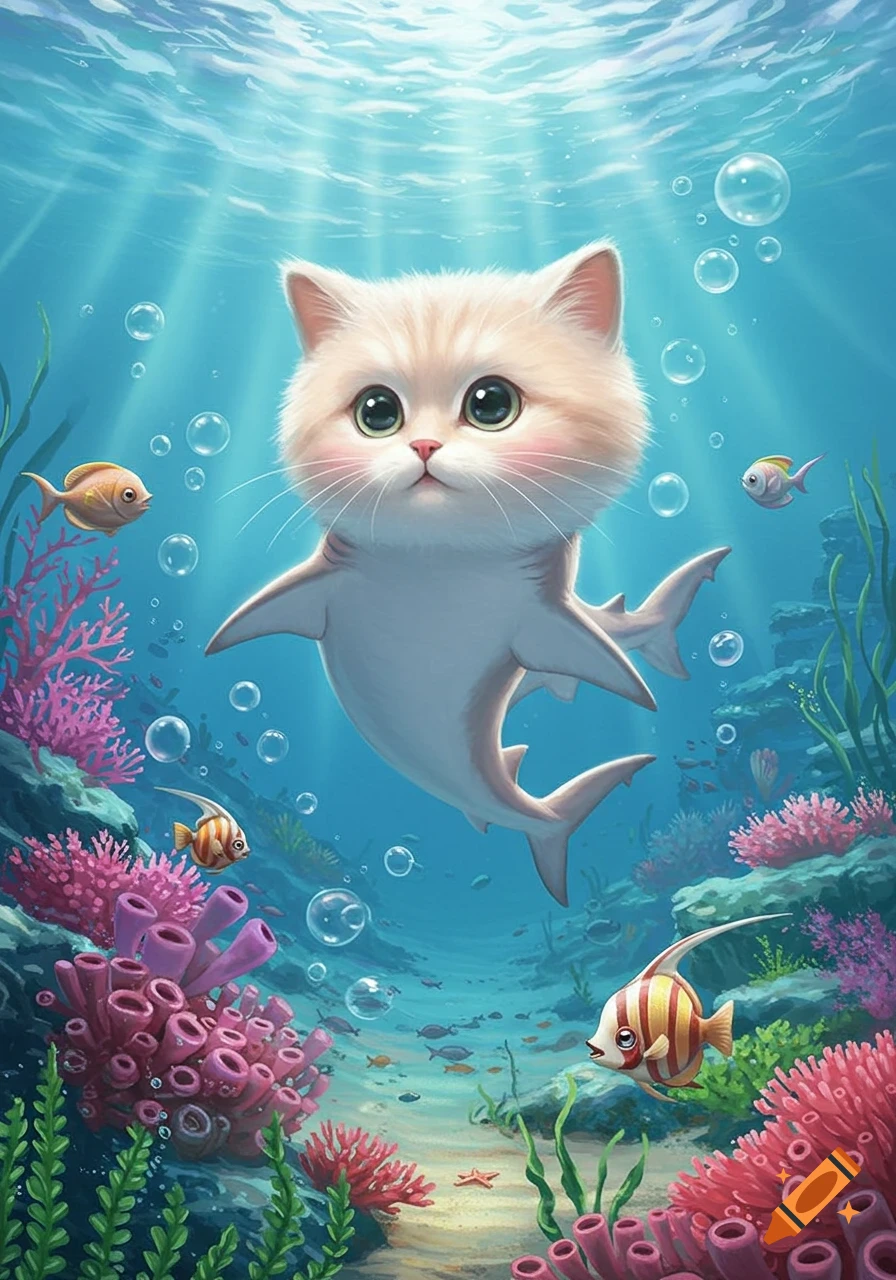 A photorealistic cat-shark hybrid swims gracefully through a vibrant ...
