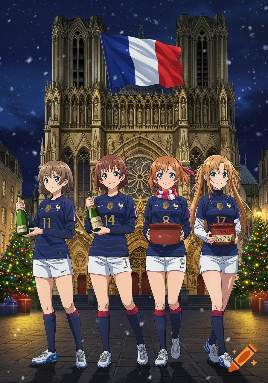 Four anime girls in blue French soccer uniforms holding champagne and ...