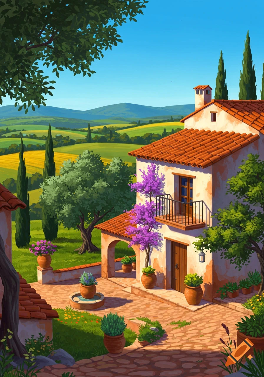 Illustration of a beautiful Spanish villa with a tiled roof, courtyard ...