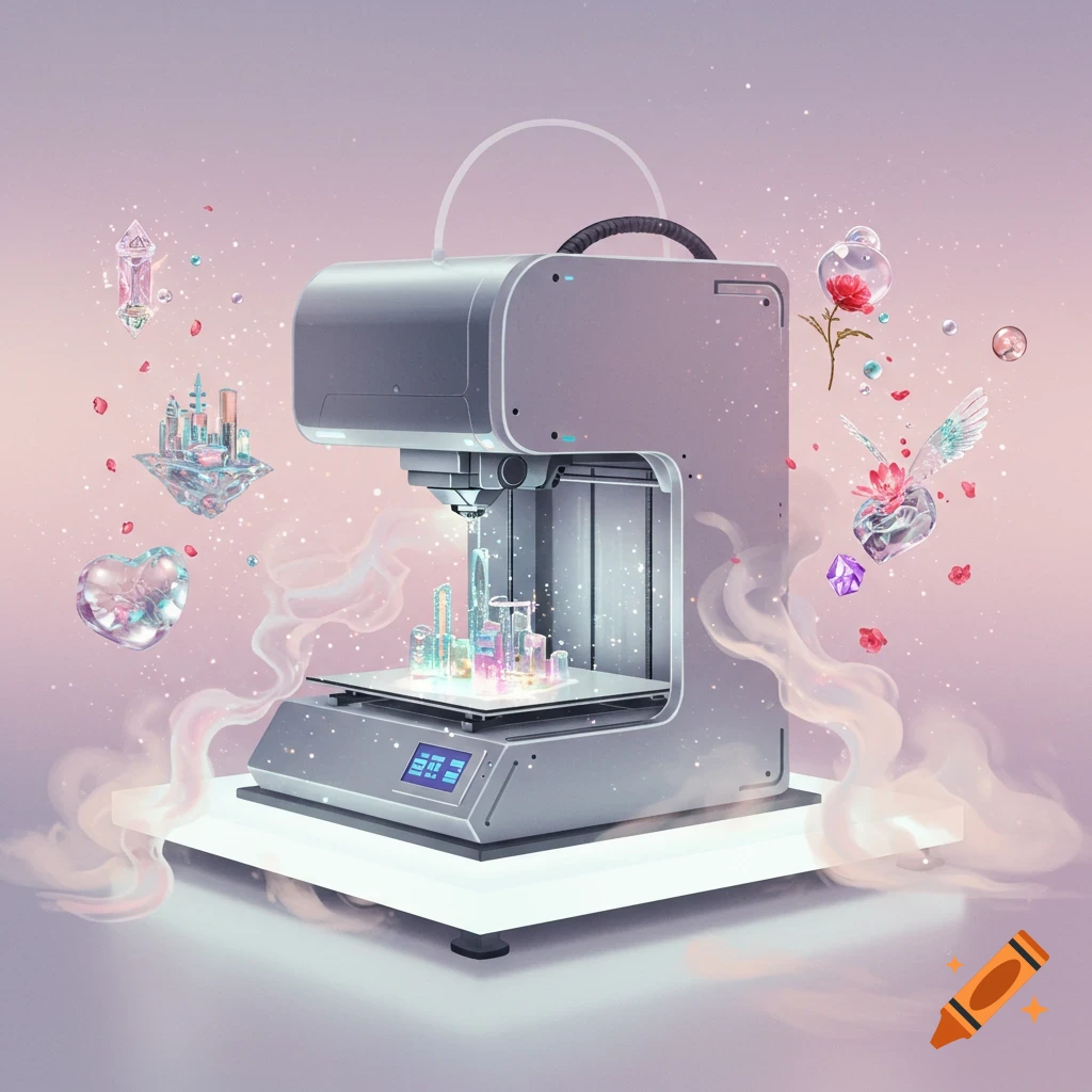 A futuristic 3D printer creates colorful, translucent crystal cities ...