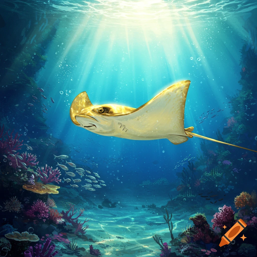 A golden manta ray swims through a vibrant coral reef under bright ...