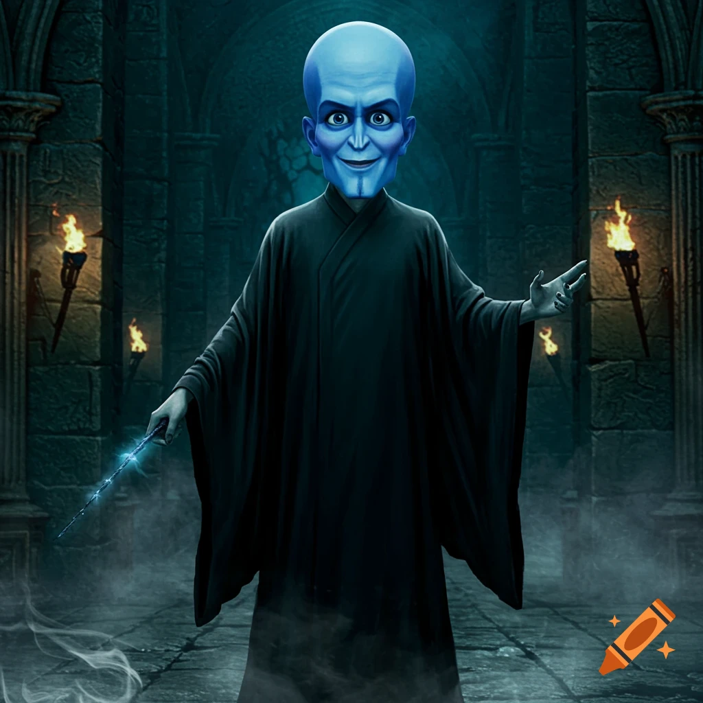 Megamind's head on Voldemort's robed body holds a glowing wand in a ...