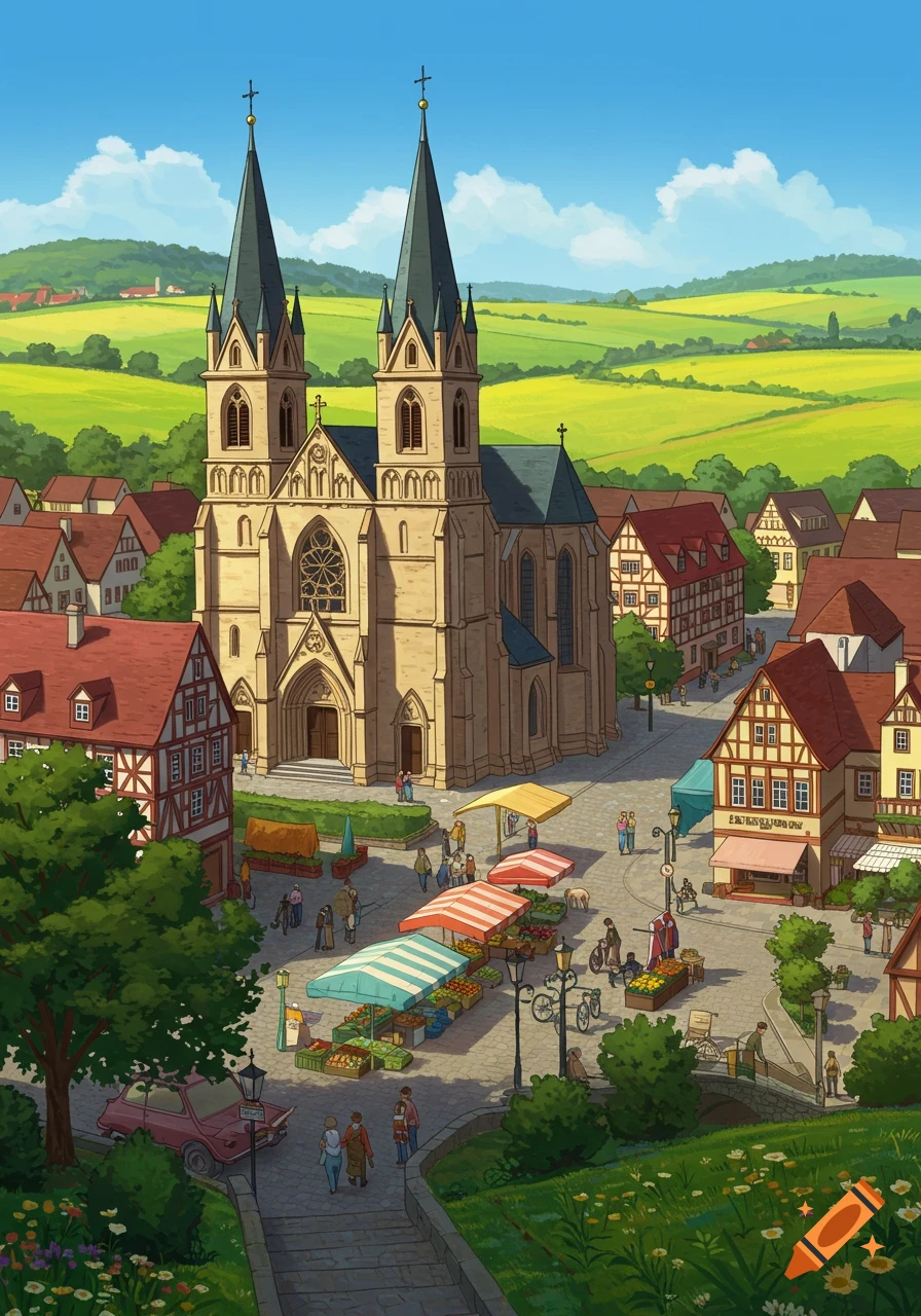 A cartoon family with two young girls, a mother, father, and ...