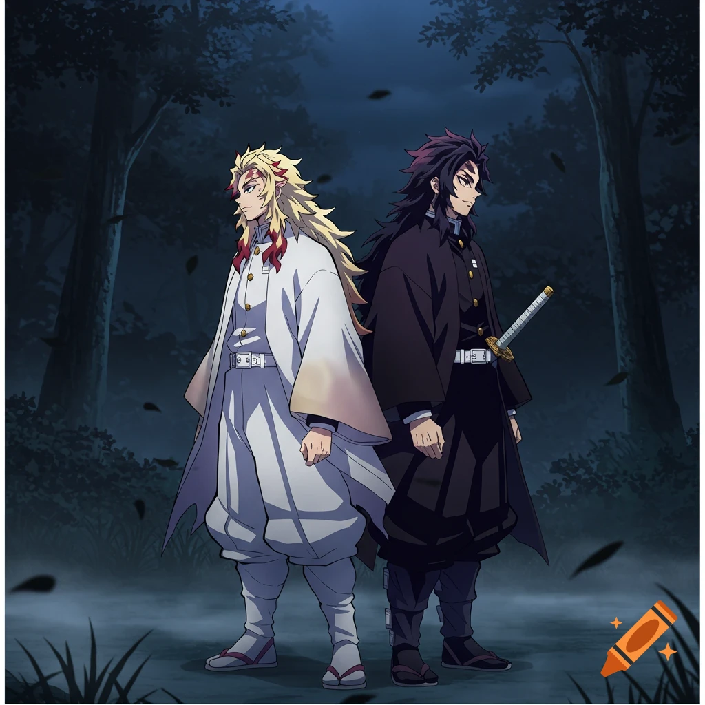 Anime characters Rengoku and Giyu from Demon Slayer stand back-to-back ...