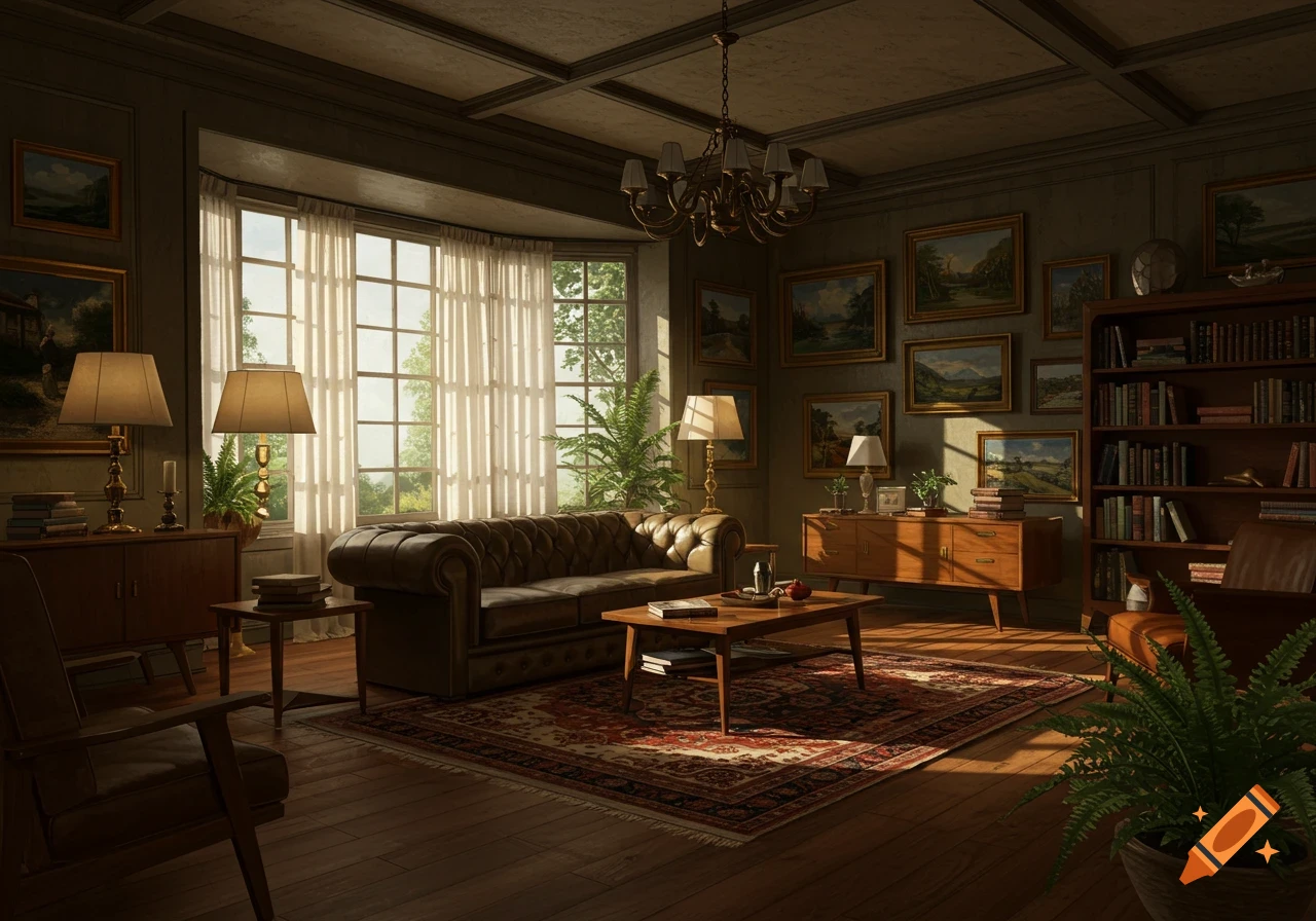 A warmly lit, cozy living room illustration with a crackling fireplace ...