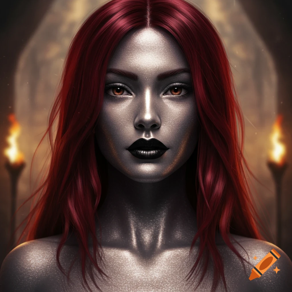 Close-up portrait of a woman with metallic silver-gray skin, dark red ...