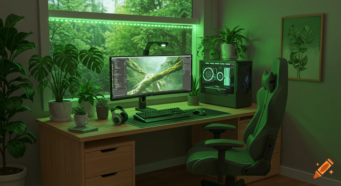 A modern gaming room with a wooden desk, multiple monitors displaying ...