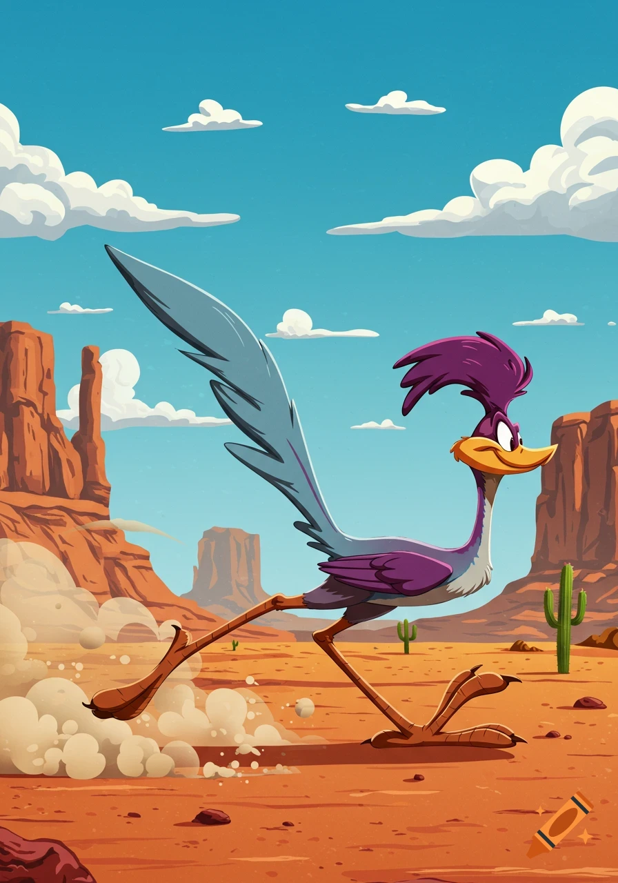 The Road Runner cartoon character sprints across a desert landscape at ...