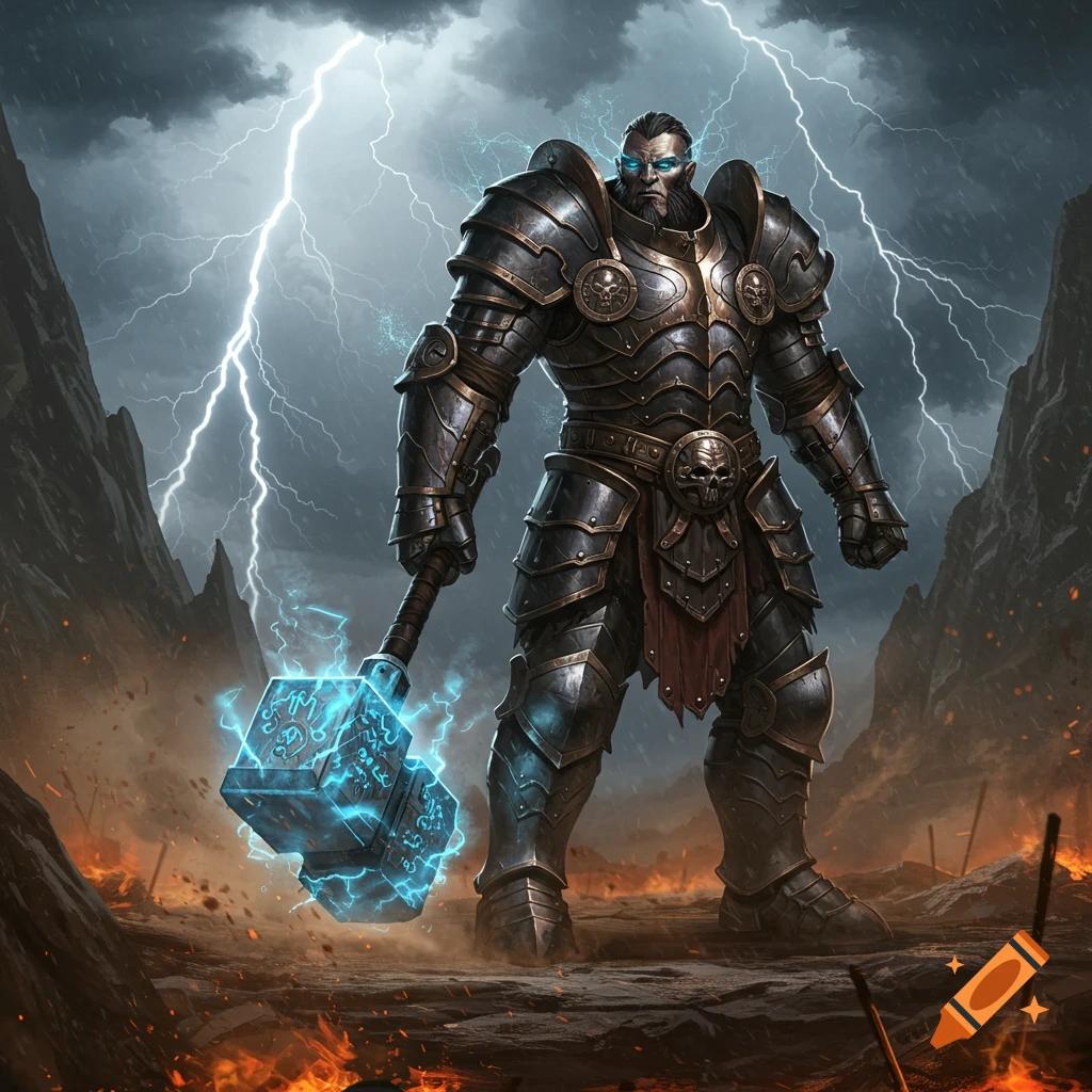 A giant blue crystal Anubis god towers over a desolate battlefield with ...