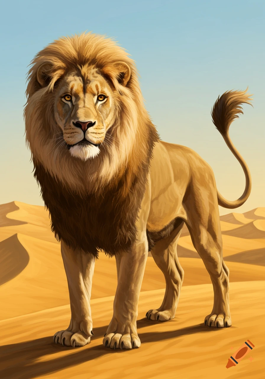 A majestic golden-maned lion stands facing forward in a sunny desert ...
