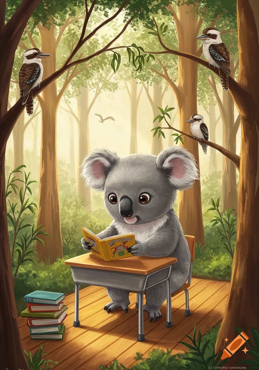 A cute koala sits at a school desk reading a book in a sunlit forest ...