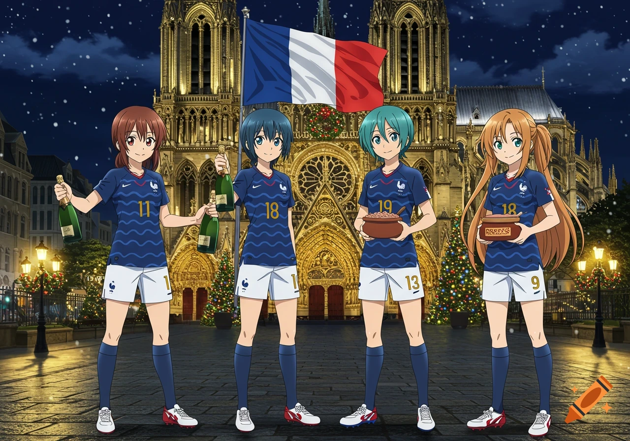 Four anime girls in blue French soccer uniforms holding champagne and ...