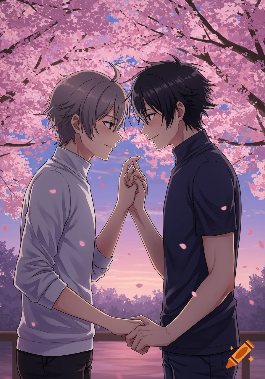 Two anime men hold hands and gaze at each other under pink cherry ...
