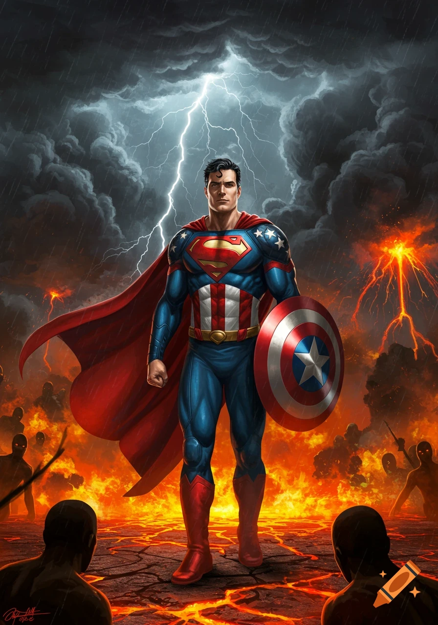 Superman in a Captain America suit, holding a shield, stands heroically ...