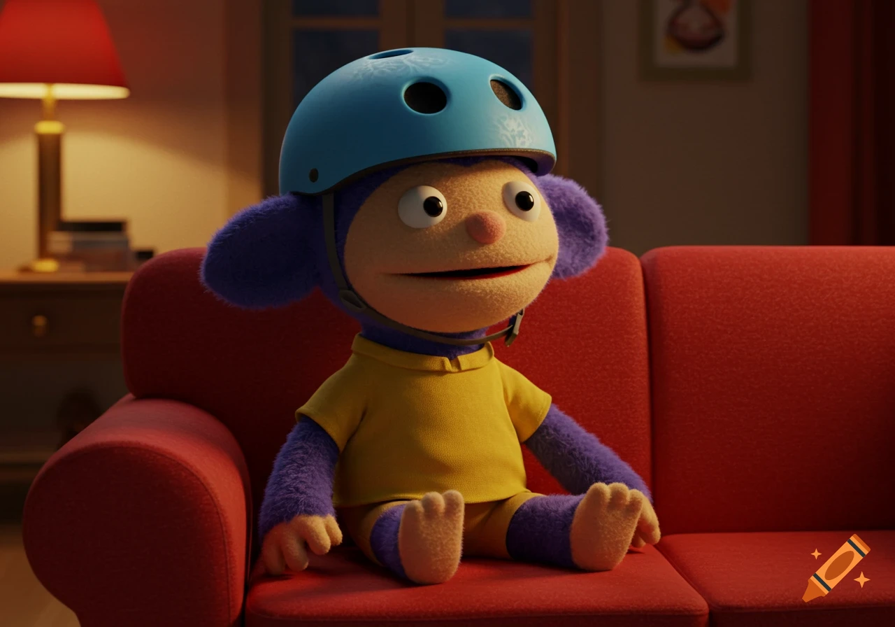 3D rendered Jeffy puppet wearing a blue helmet, yellow shirt, and red ...