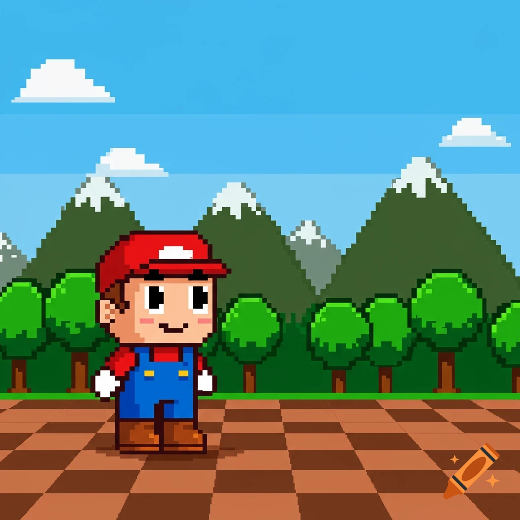 A pixel art video game character, resembling Mario, stands on a ...