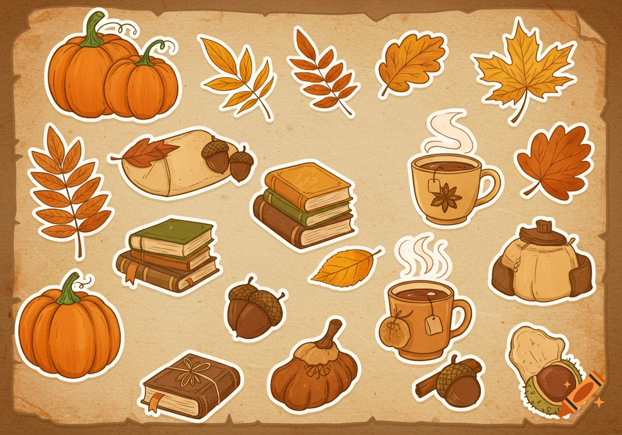 A collection of autumn-themed stickers including pumpkins, fall leaves ...