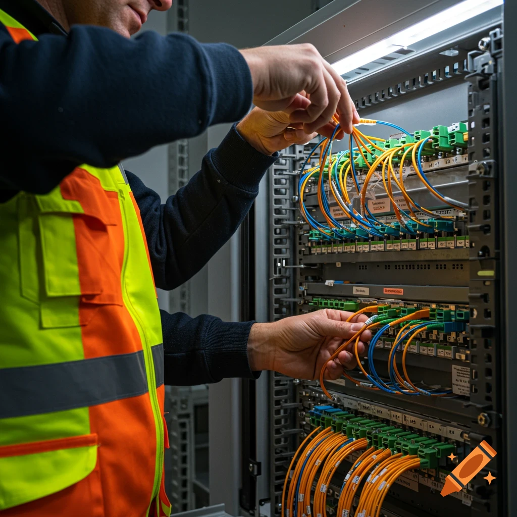 A technician in a safety vest works on a fiber optic network panel ...
