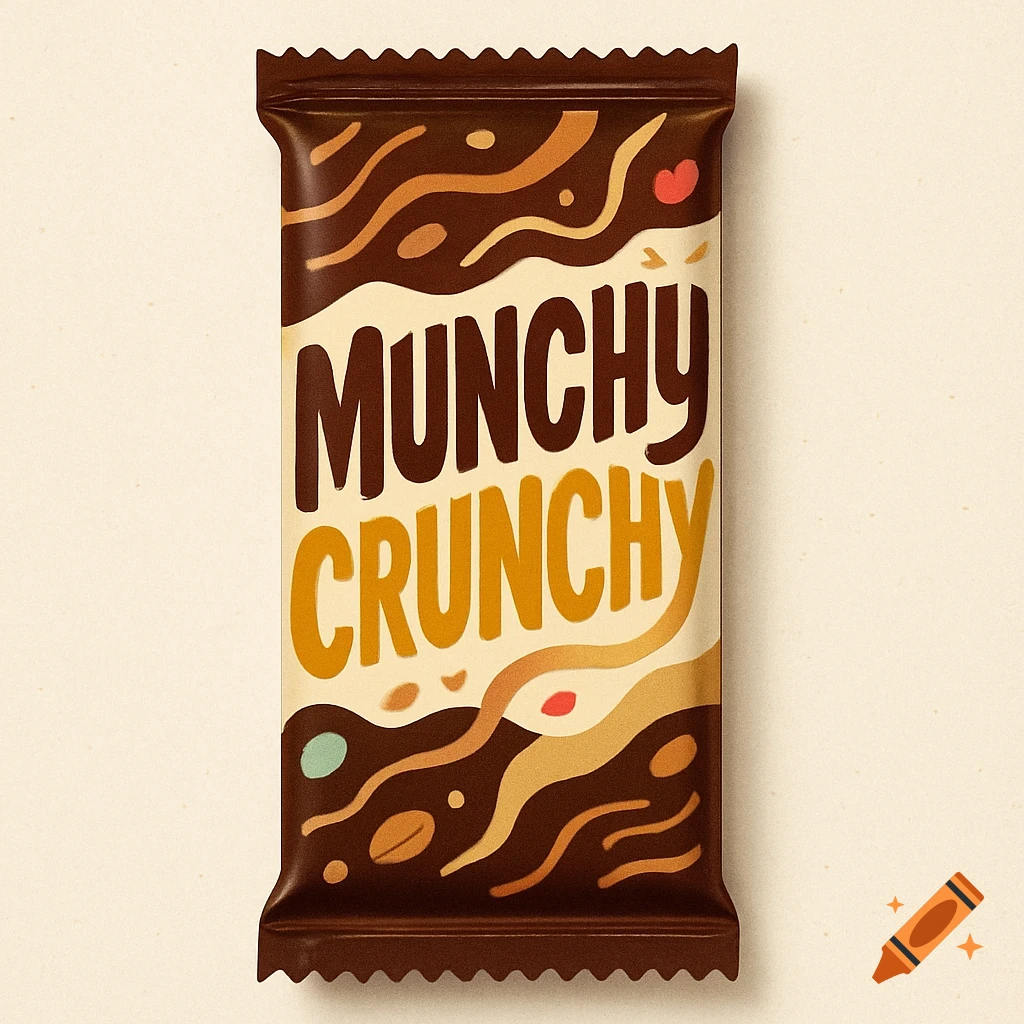 A drawing of a brown and cream chocolate bar wrapper labeled "MUNCHY ...