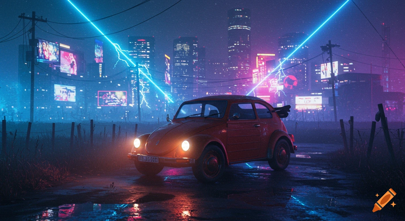 A white cel-shaded flying van with C-shaped jet wings navigates over a ...