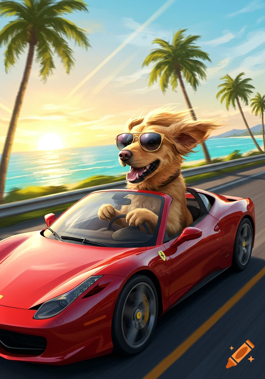 Happy pug driving a Ferrari in Tokyo in anime style on Craiyon