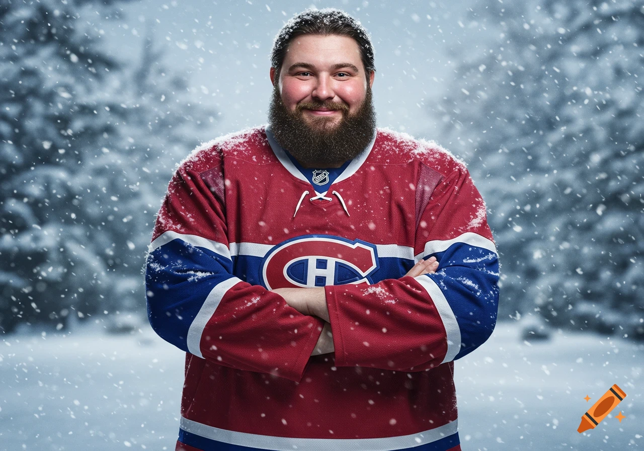 Photorealistic portrait of a bearded man in a red Montreal Canadiens ...