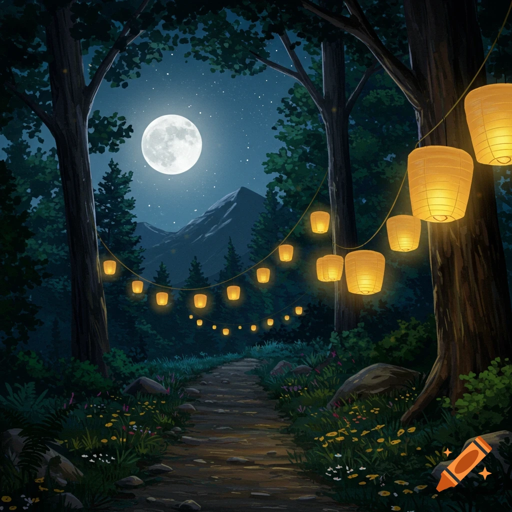 A magical garden path at night, glowing blue and orange flowers line the path, with fireflies ...