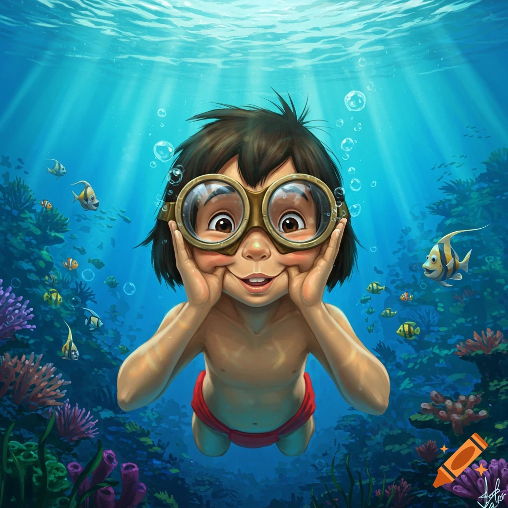 Cartoon of a chubby woman in a colorful bikini and goggles making a ...