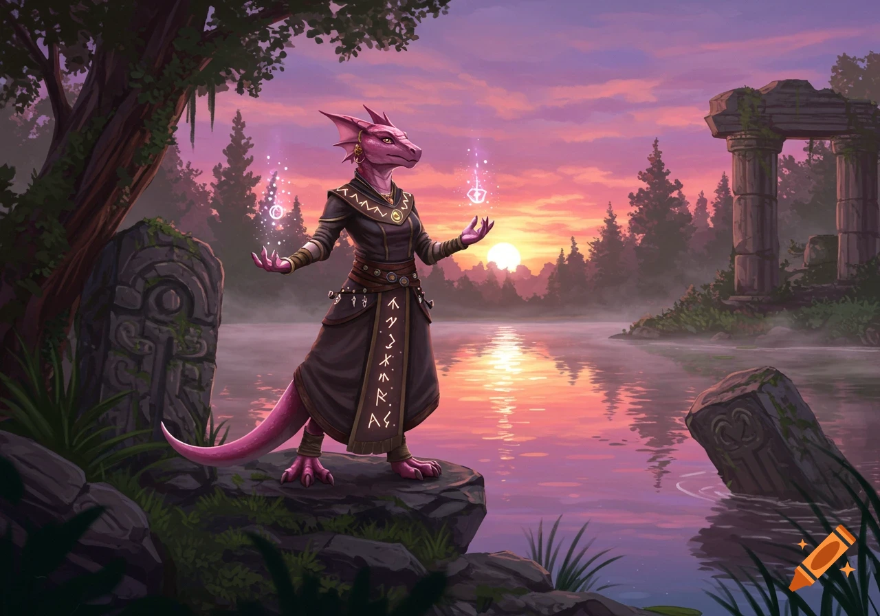 A pink kobold priestess in a dark robe stands on a rock by a lake with ...