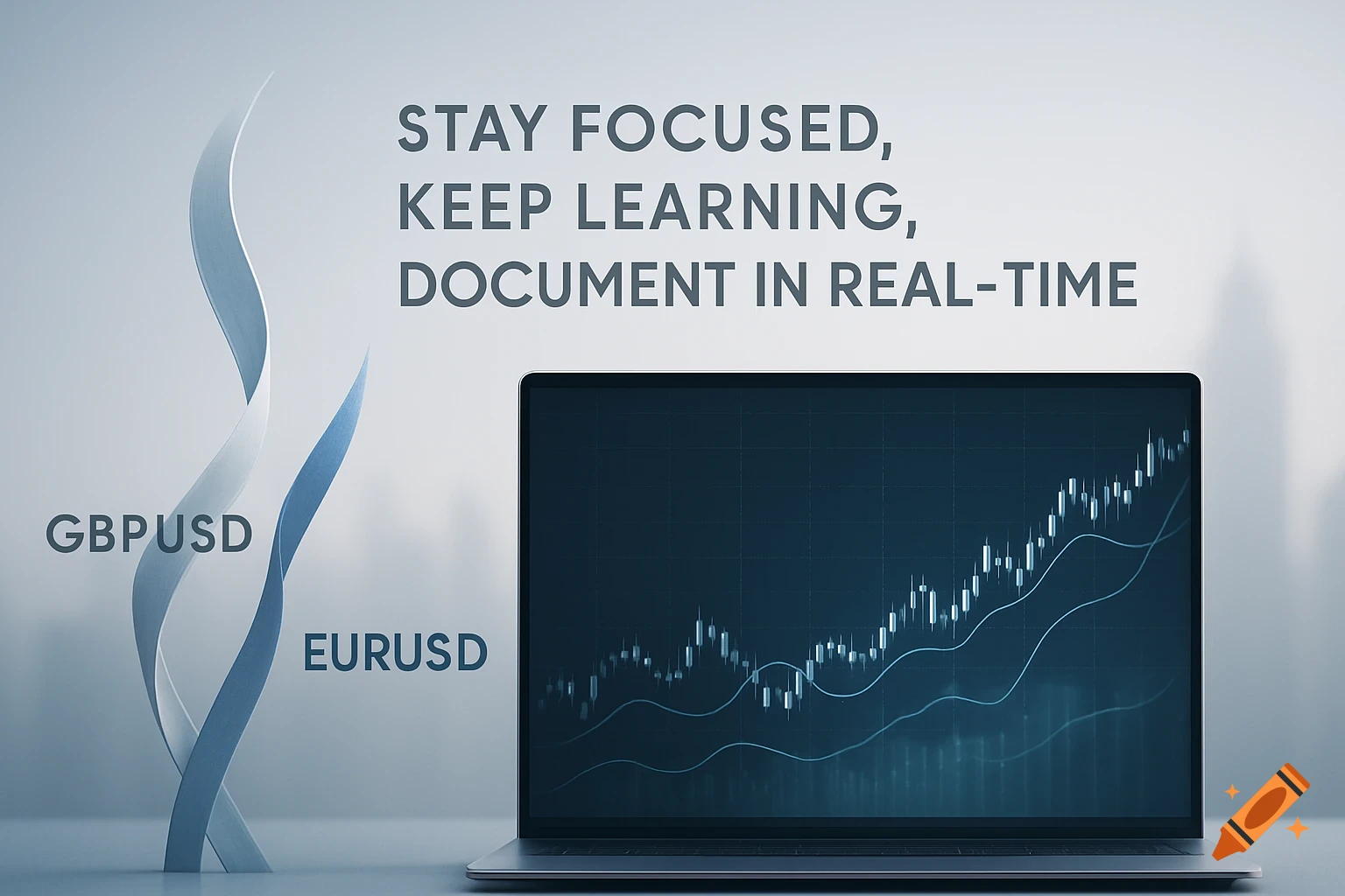 Laptop displaying a forex trading graph with motivational text 'STAY ...