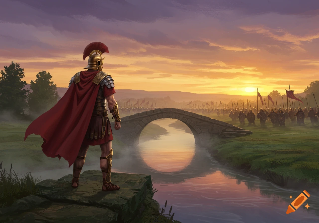 A Roman general in armor and red cape stands on a cliff overlooking a ...