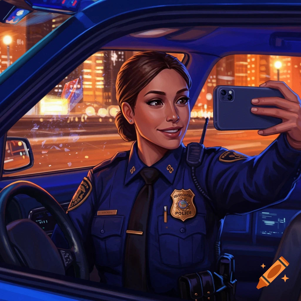 An illustrated female police officer in a patrol car takes a selfie at ...