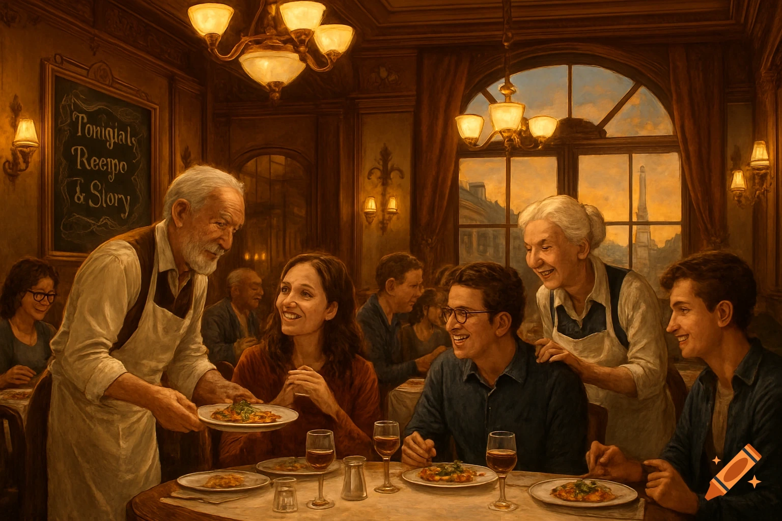 Four diverse men smile while sitting at a wooden table in a sunny ...