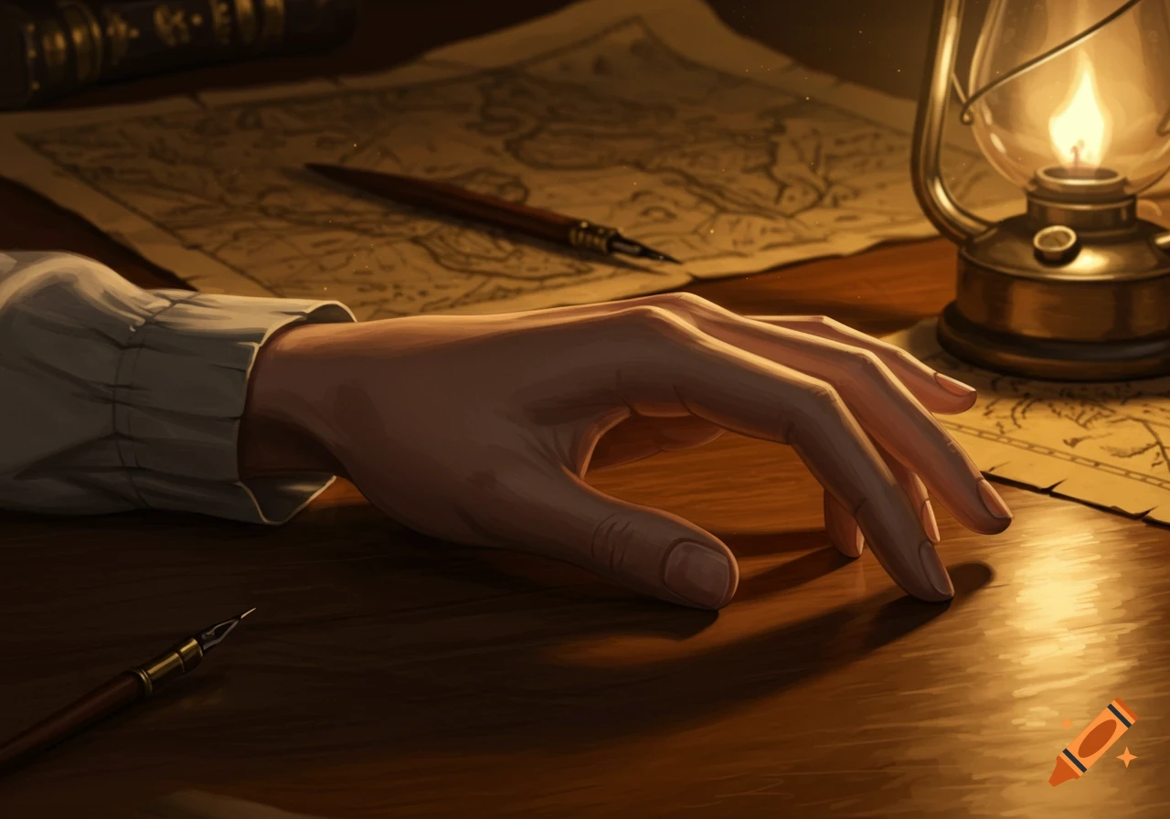 A hand rests on a wooden table beside an old map, an ink pen, and a lit ...