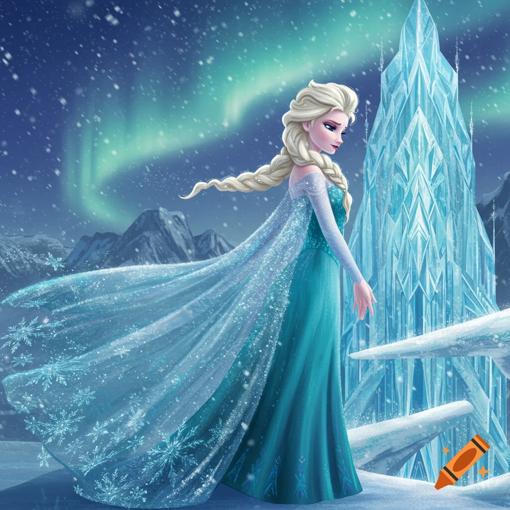 Elsa from Frozen stands in a sparkling ice palace as snow falls ...