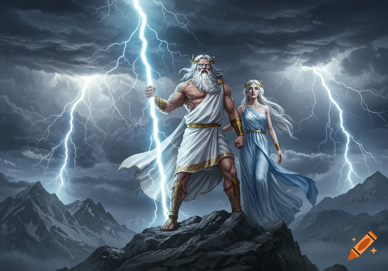 Zeus, holding a lightning bolt, stands with a goddess on a rocky ...