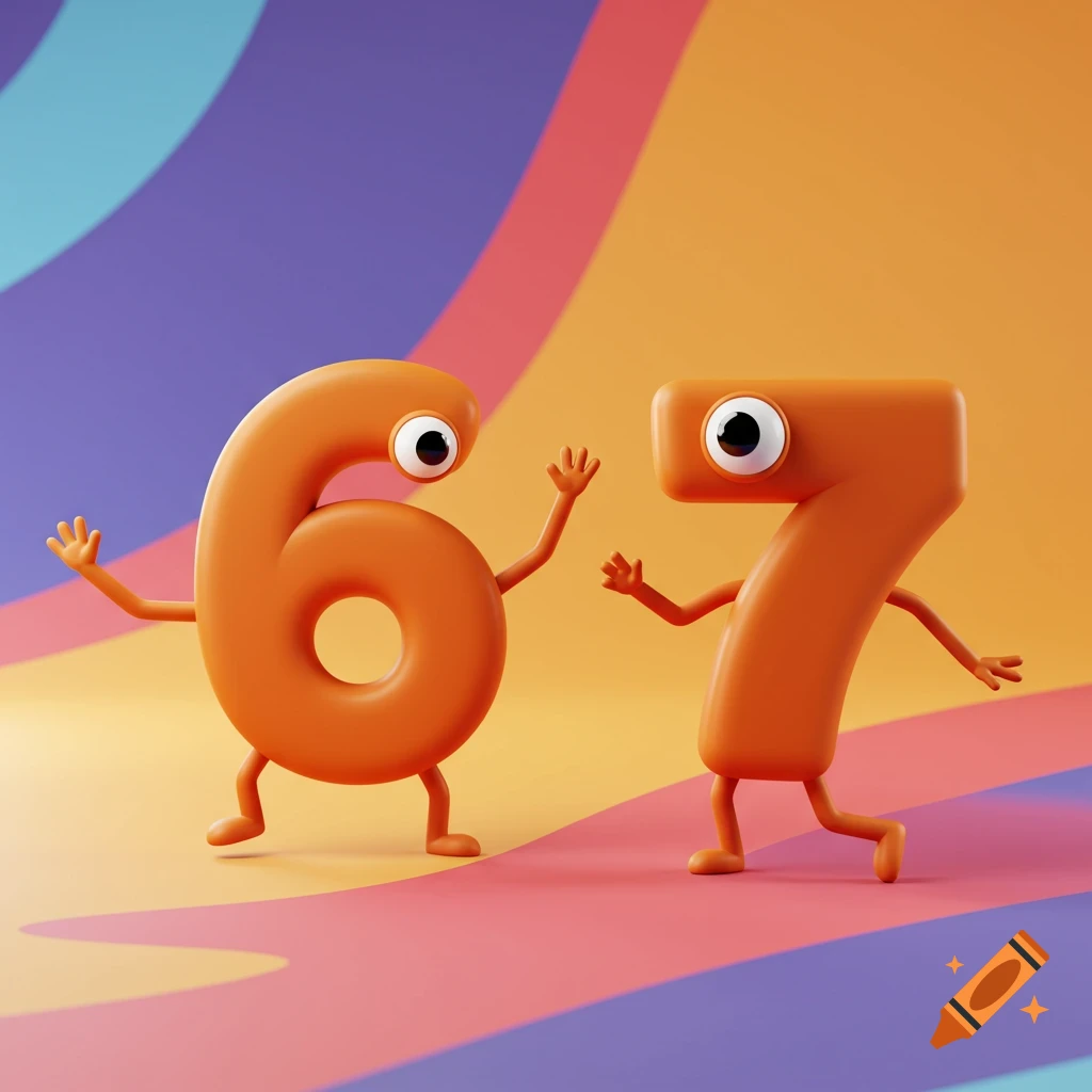 A stylized cartoon image of the blue numbers 6 and 7, each with googly ...