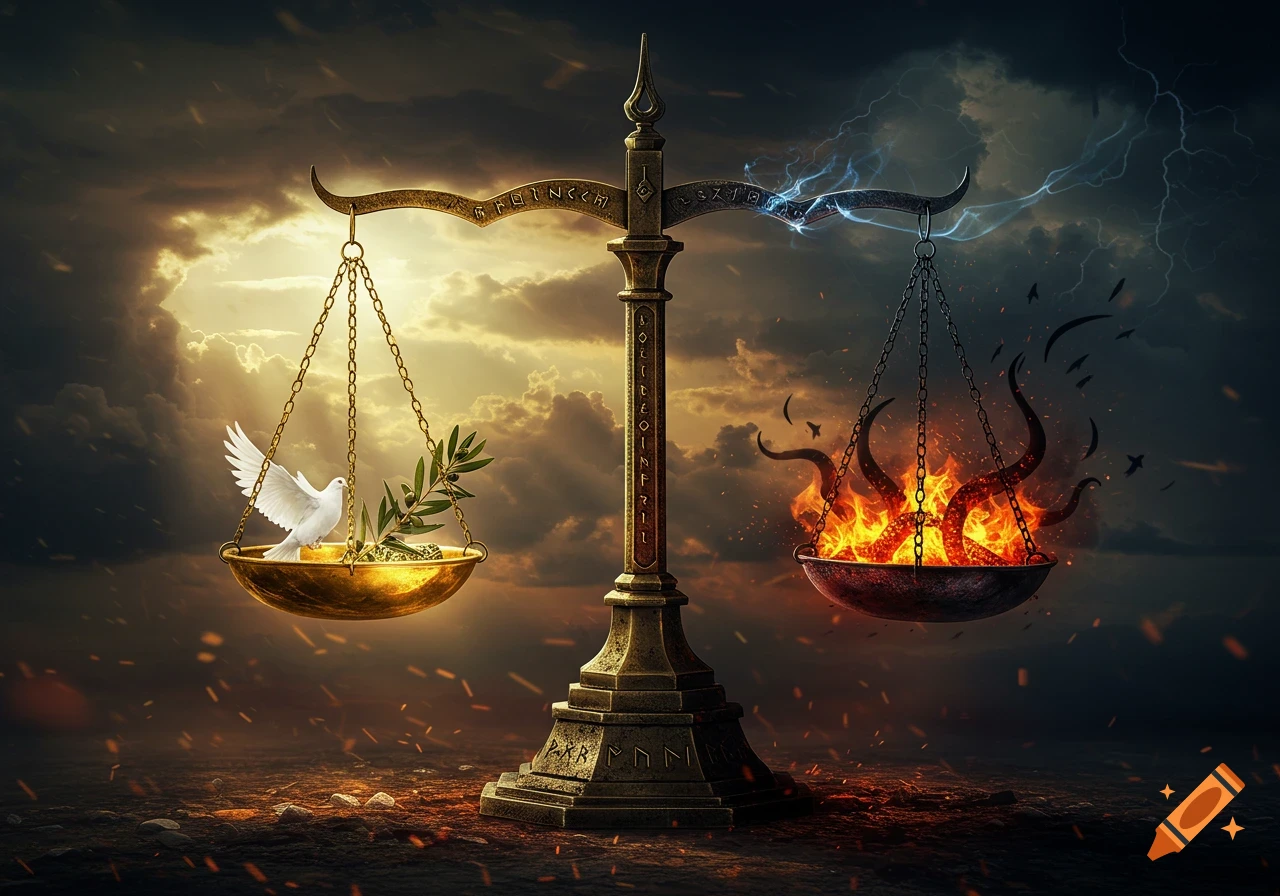 A golden balance scale, with a white dove and olive branch on one side ...