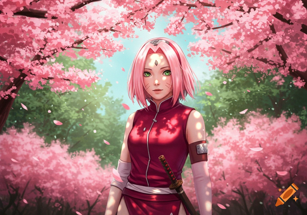 An anime illustration of Sakura from Naruto, with pink hair and green ...