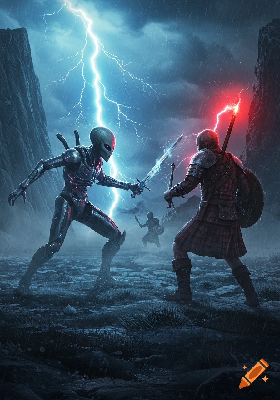 A sci-fi fantasy illustration of an alien and a Highlander warrior ...