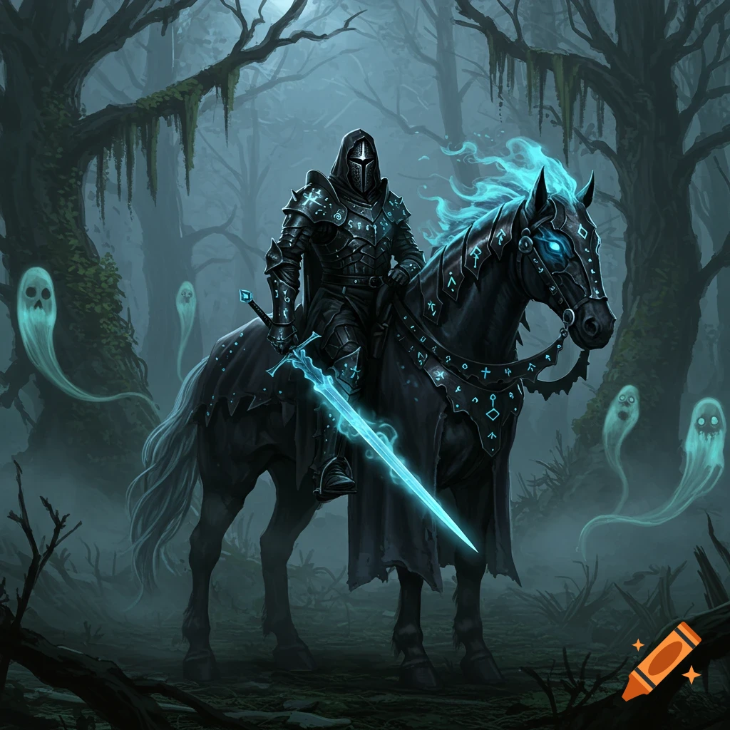 Dark and intriguing villain in mystical blue smoke and fire armor on ...