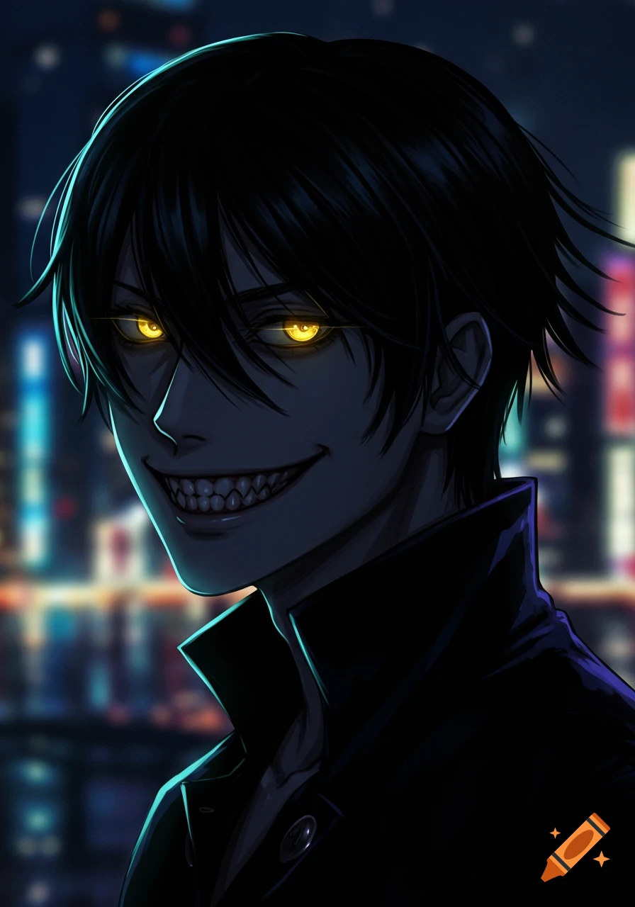 Anime man with dark hair, glowing yellow eyes, and a wide, sharp ...