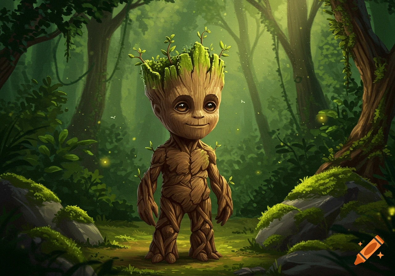 A cute, cartoonish baby Groot-like character stands in a magical, lush ...