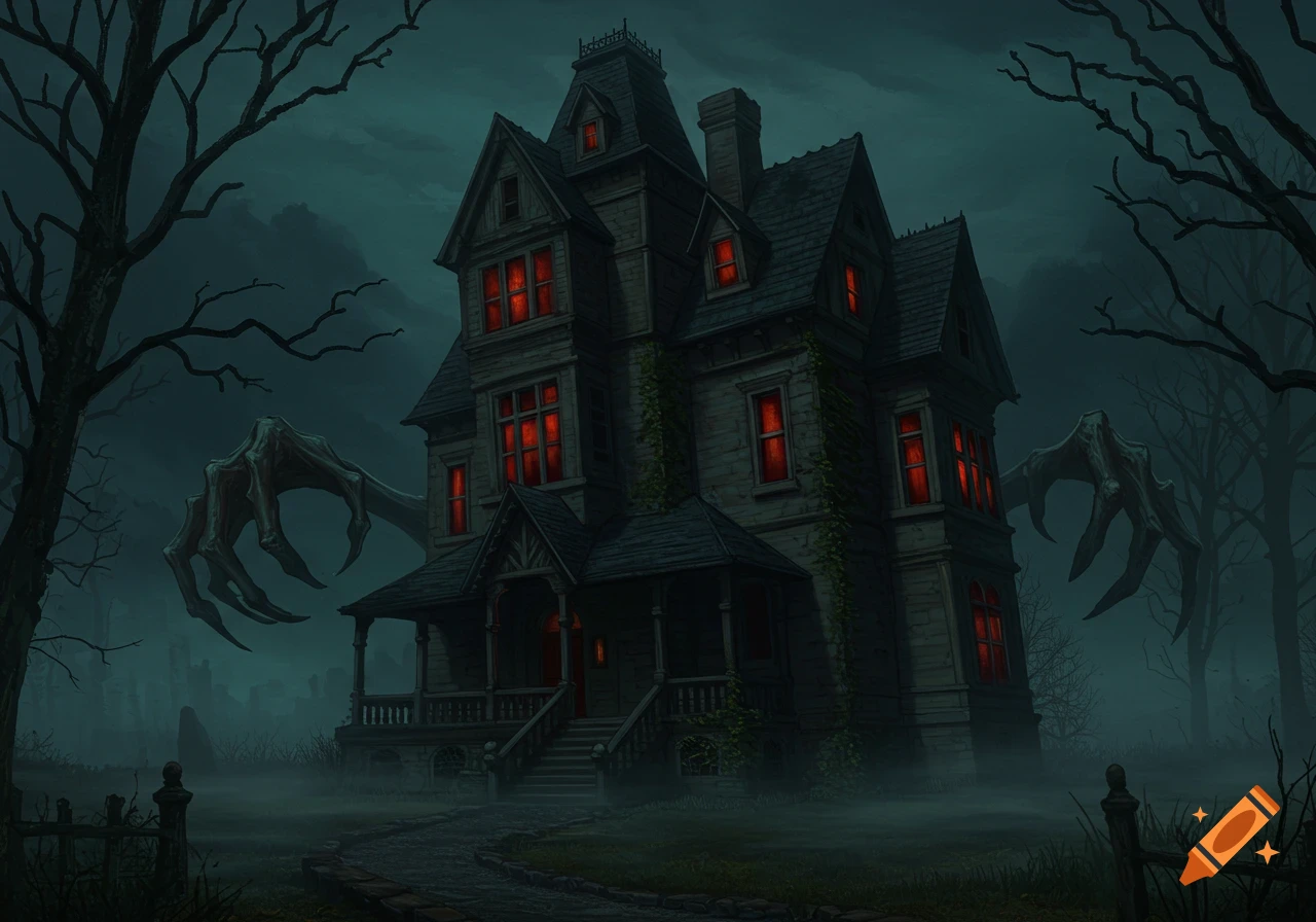 A dark, spooky haunted house with glowing red windows, flanked by large ...