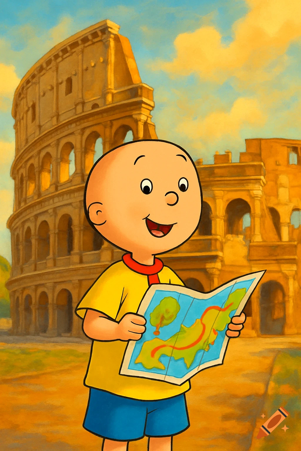 Caillou, a smiling cartoon boy with a yellow shirt and blue shorts ...