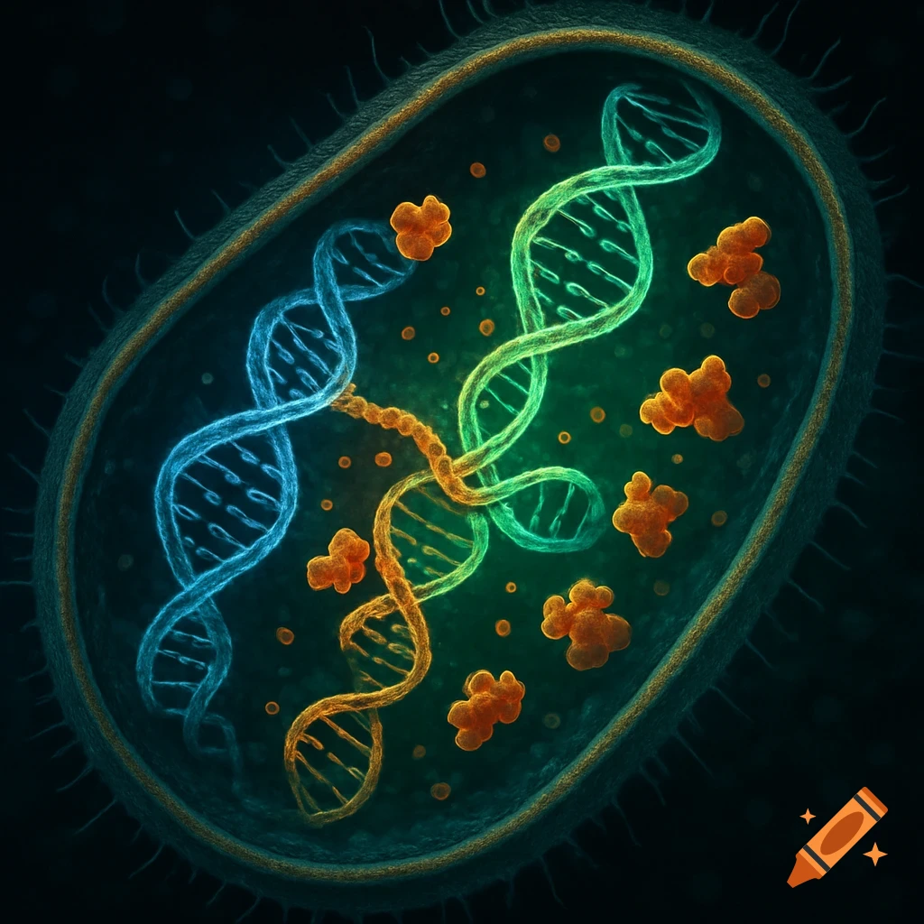 Microscopic view of genetic recombination within a bacterium, showing ...