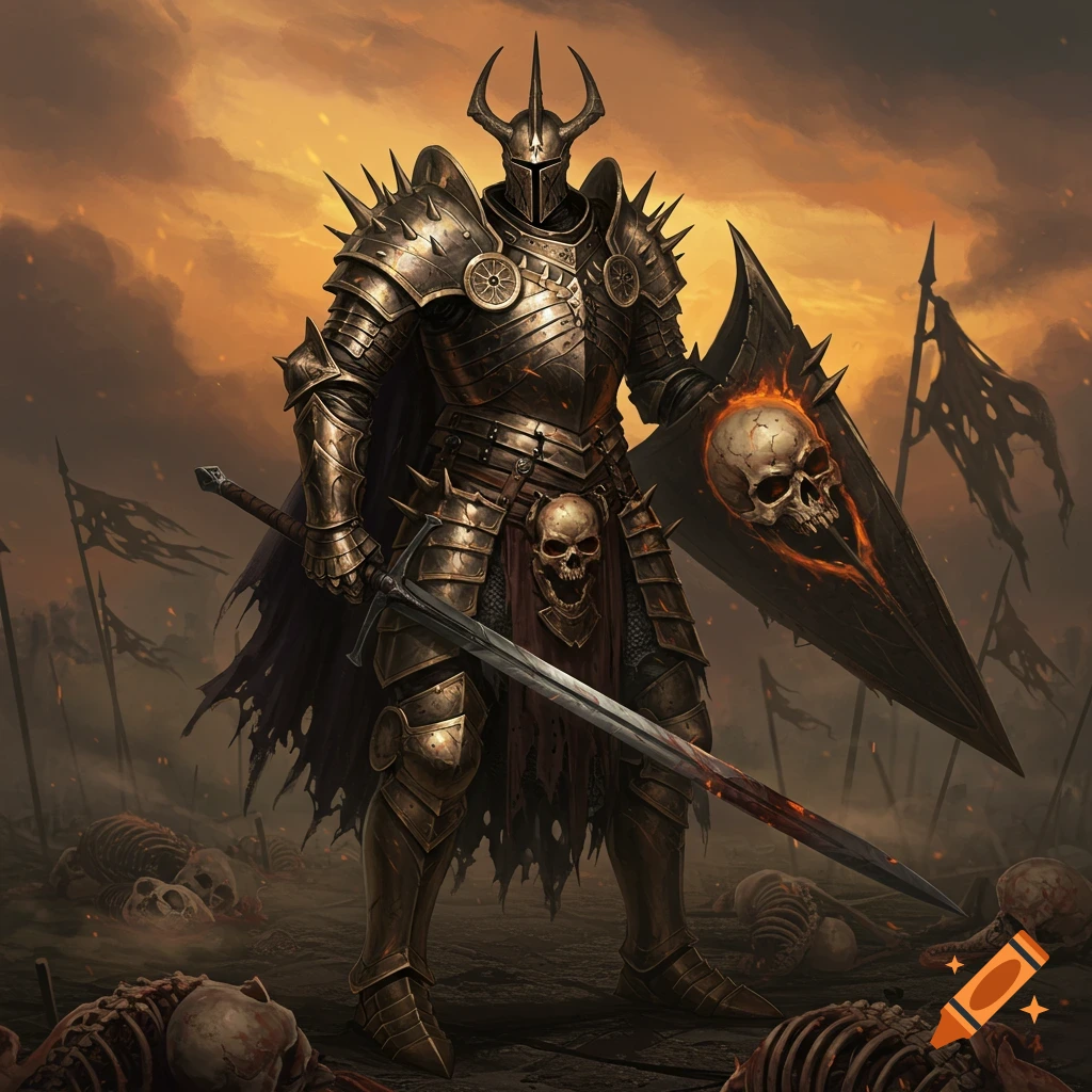 Dark fantasy artwork of an armored skeleton knight with sword on Craiyon