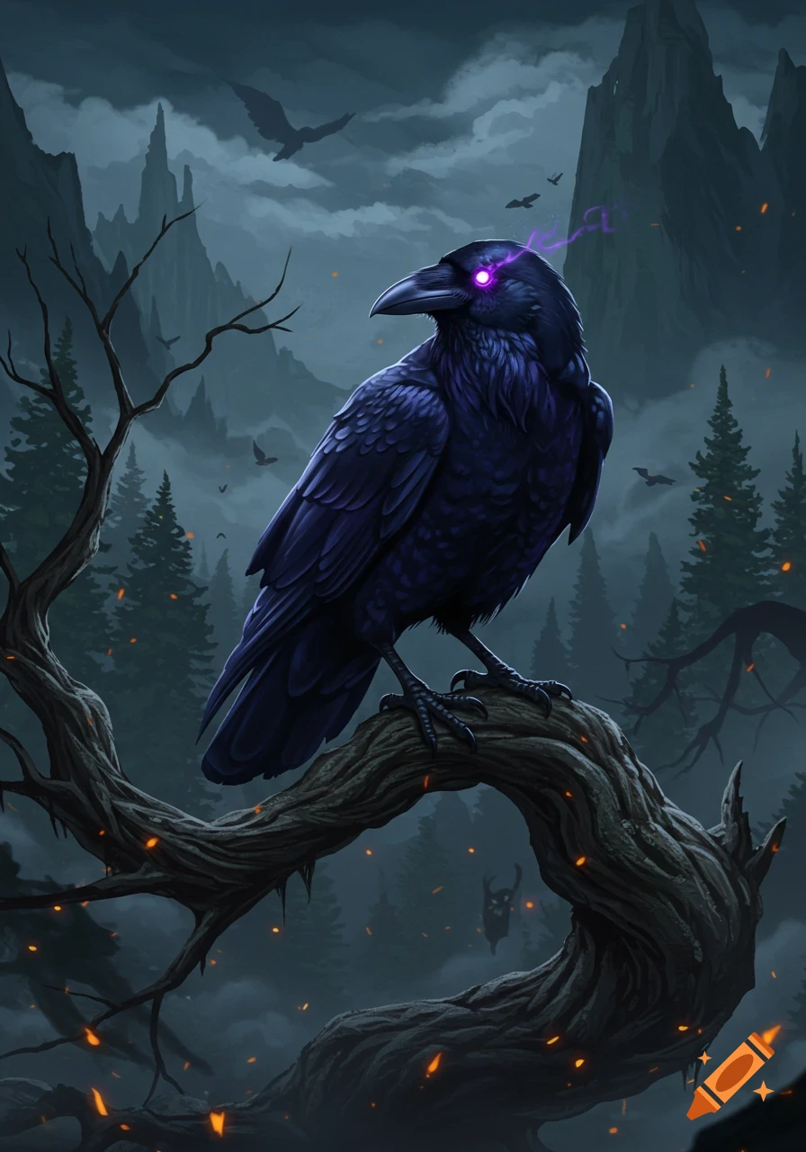 A four-winged black raven with glowing eyes flies forward through a ...