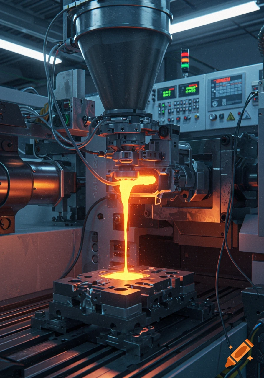 Close-up of an industrial injection molding machine pouring molten ...